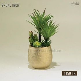 Bright golden rubbed ceramic round pot artificial cactus arrangement ...